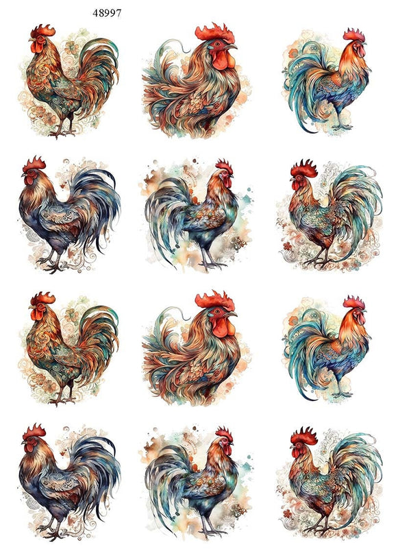 Watercolor Roosters- Ceramic Decals- Enamel Decal - Fusible Decal - Gl ...
